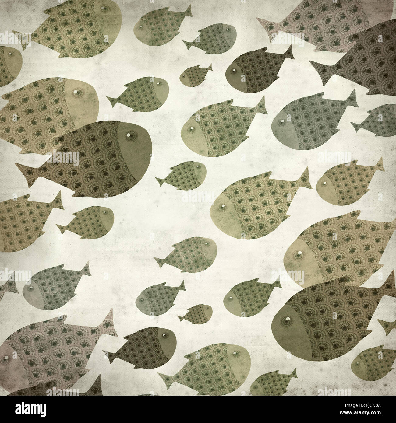 textured old paper background with swimming fish illustration Stock ...