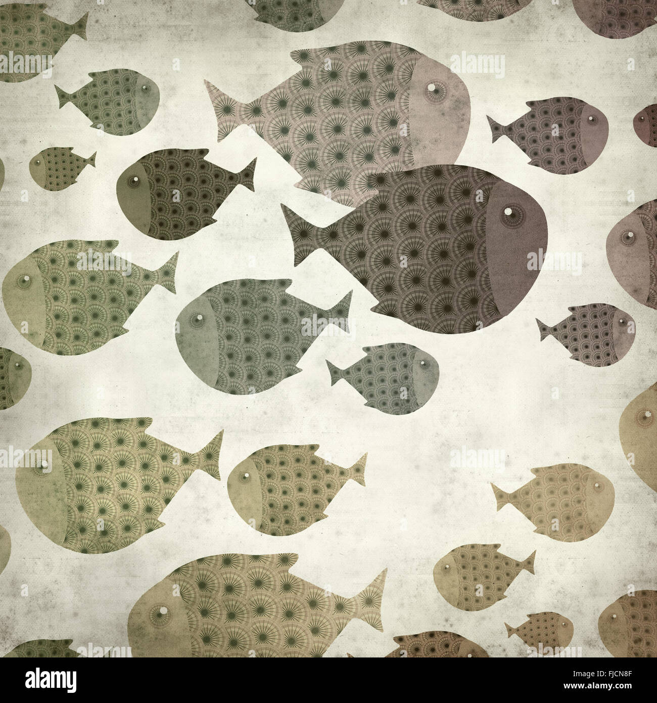 textured old paper background with swimming fish illustration Stock ...