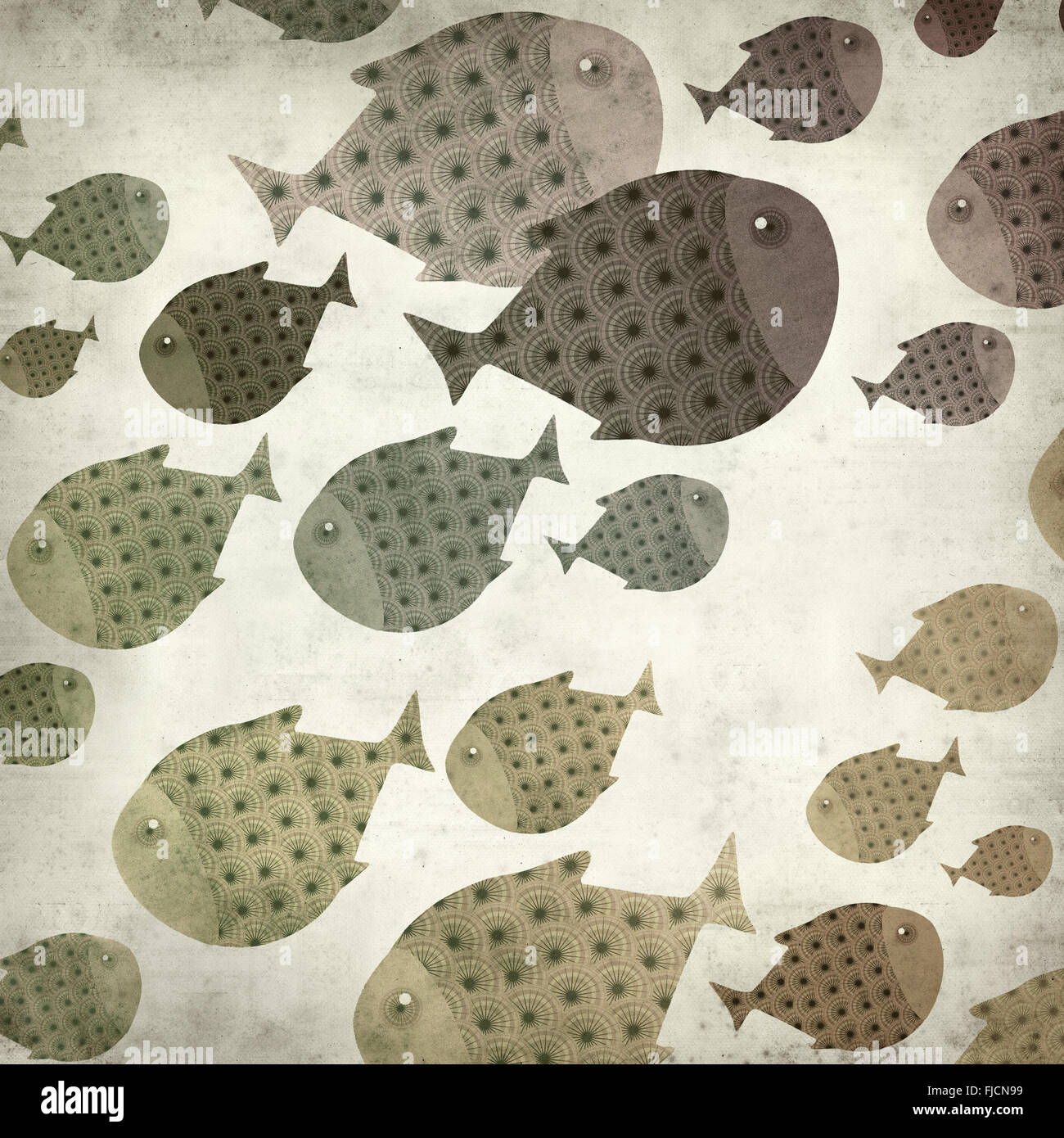 textured old paper background with swimming fish illustration Stock ...