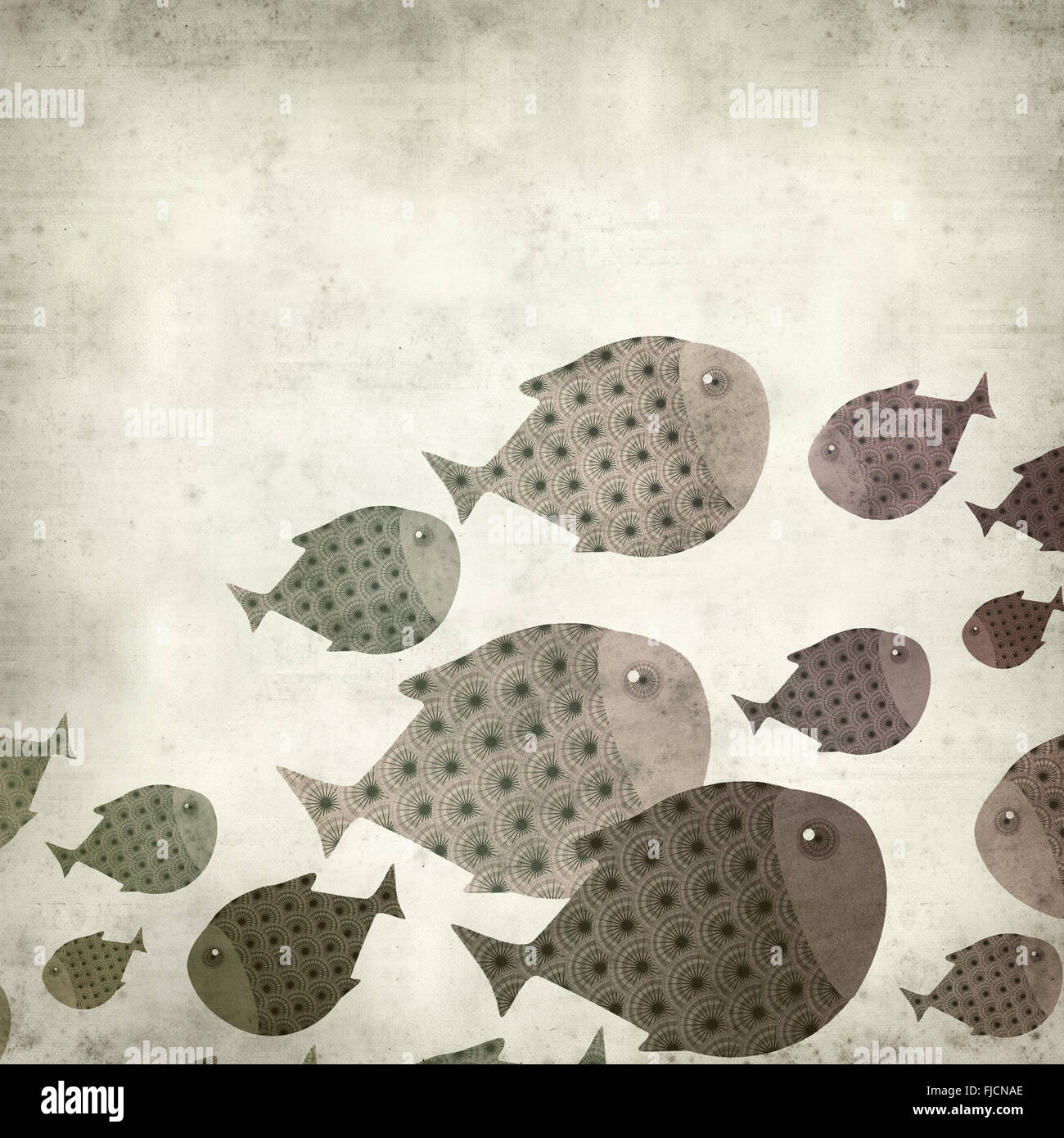 textured old paper background with swimming fish illustration Stock ...
