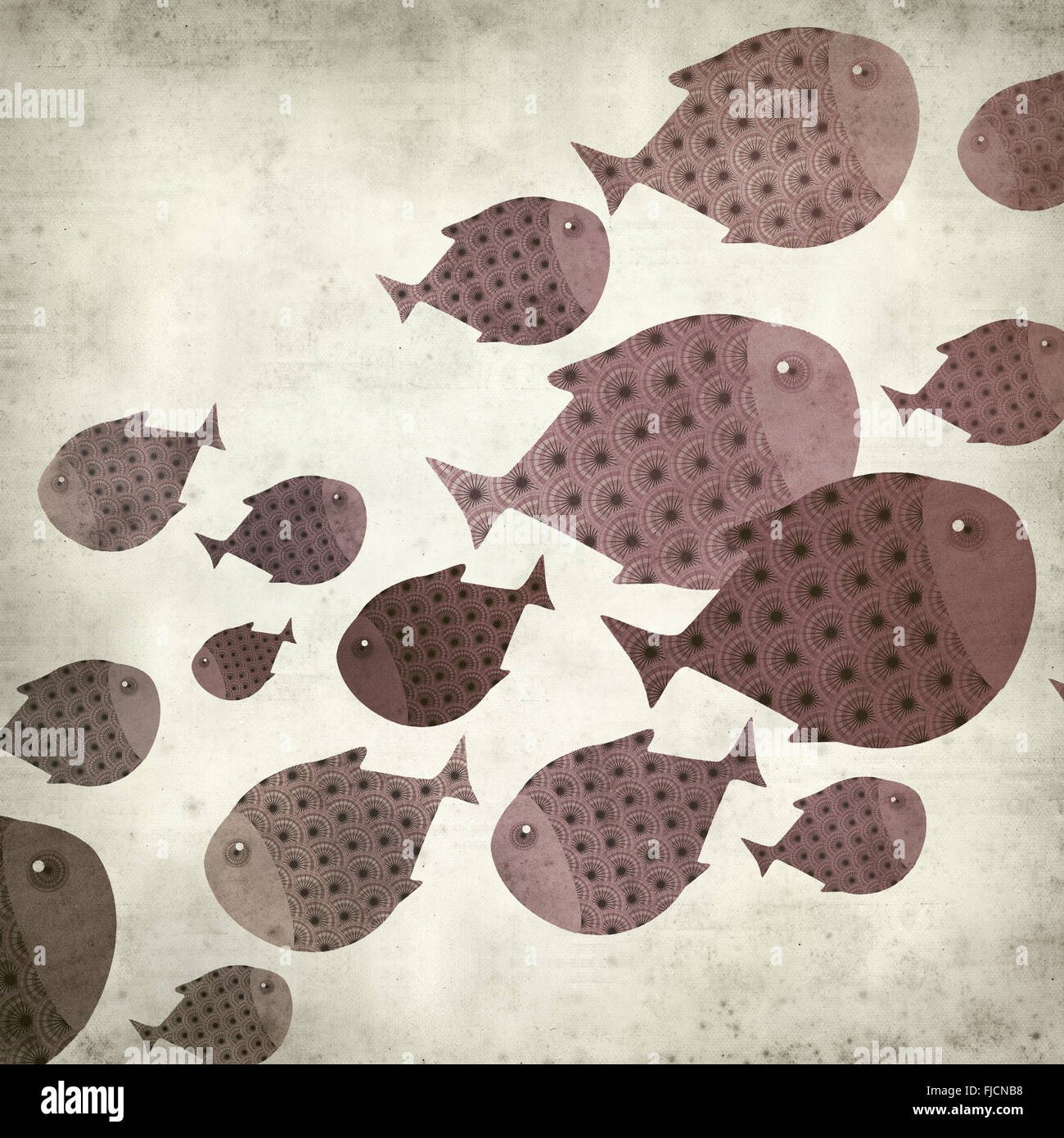 textured old paper background with swimming fish illustration Stock ...