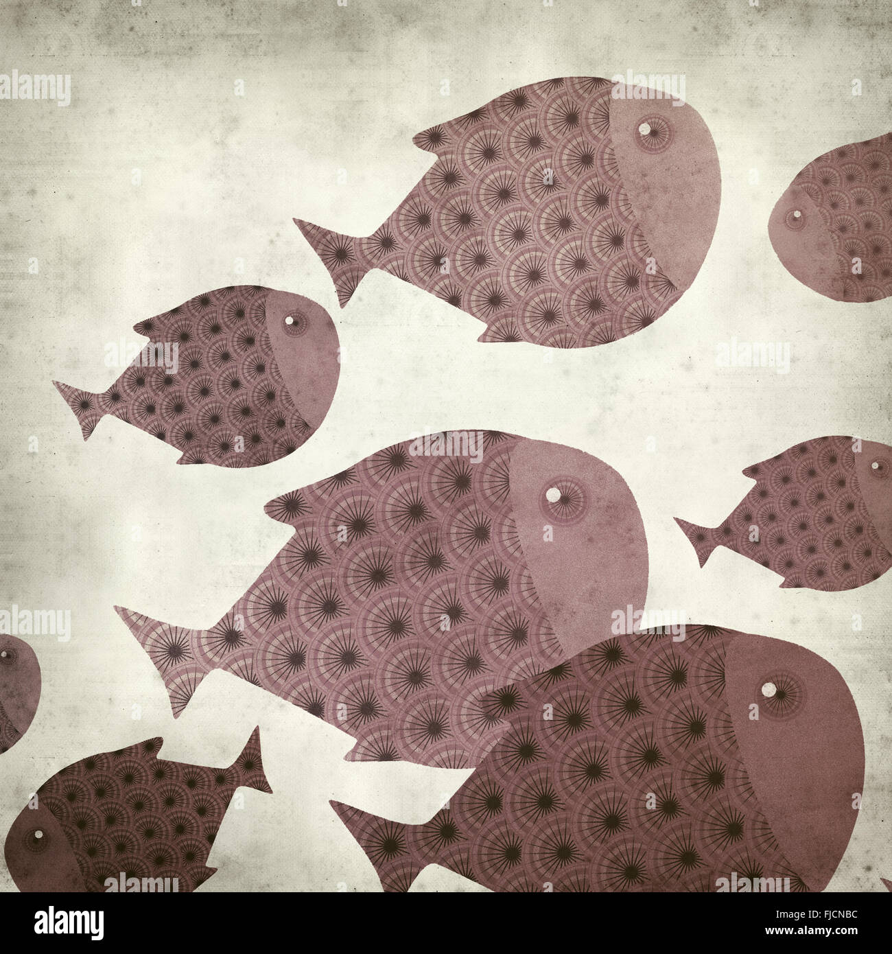 textured old paper background with swimming fish illustration Stock ...