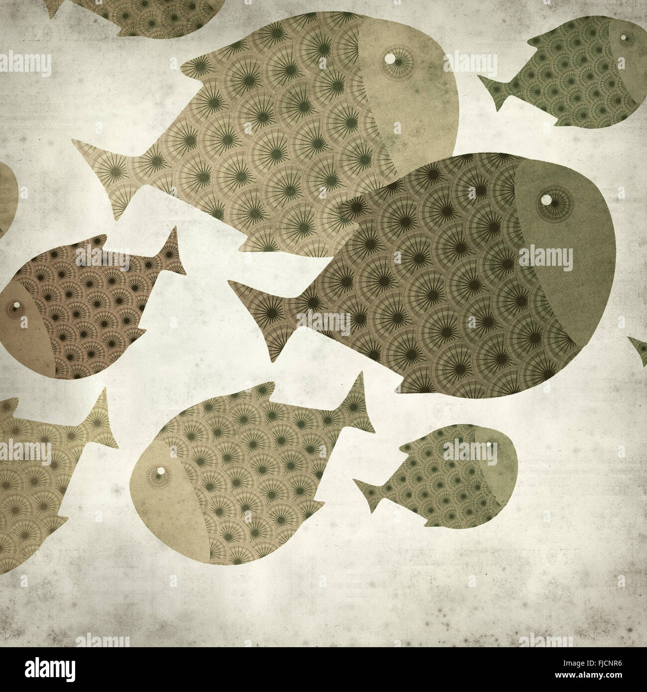 textured old paper background with swimming fish illustration Stock ...