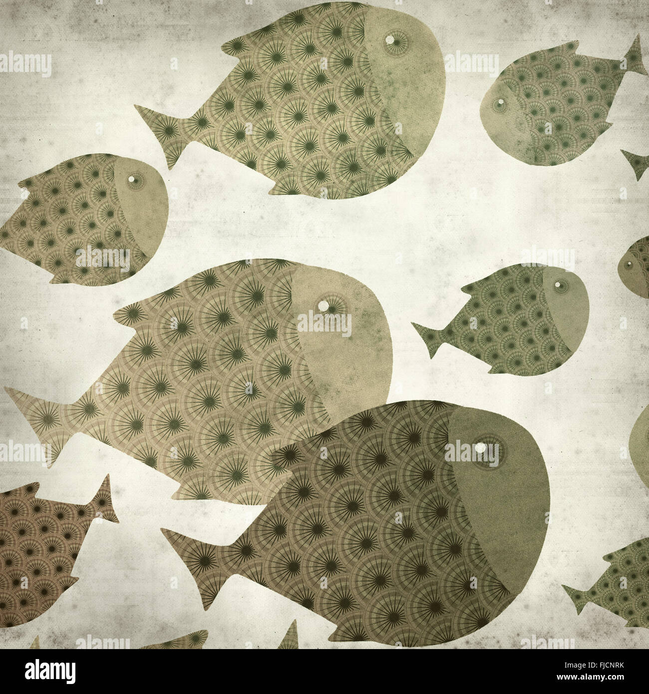 textured old paper background with swimming fish illustration Stock ...