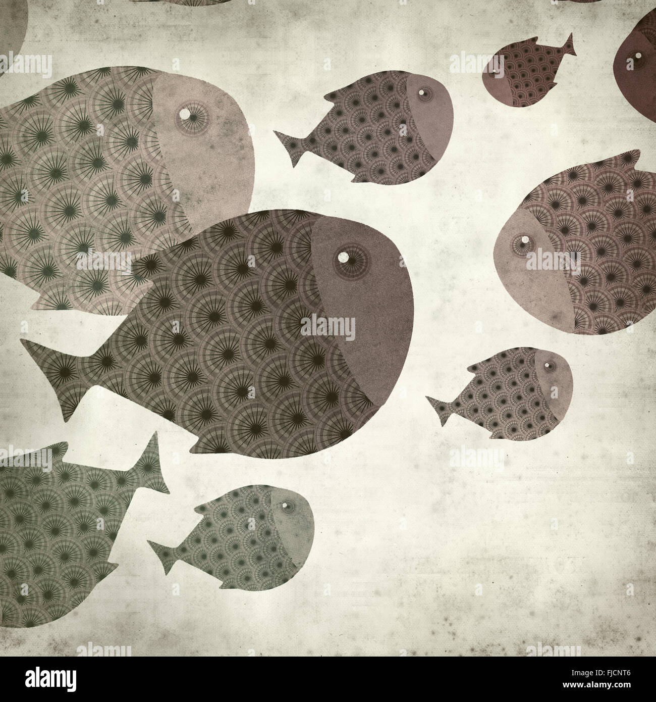 textured old paper background with swimming fish illustration Stock ...