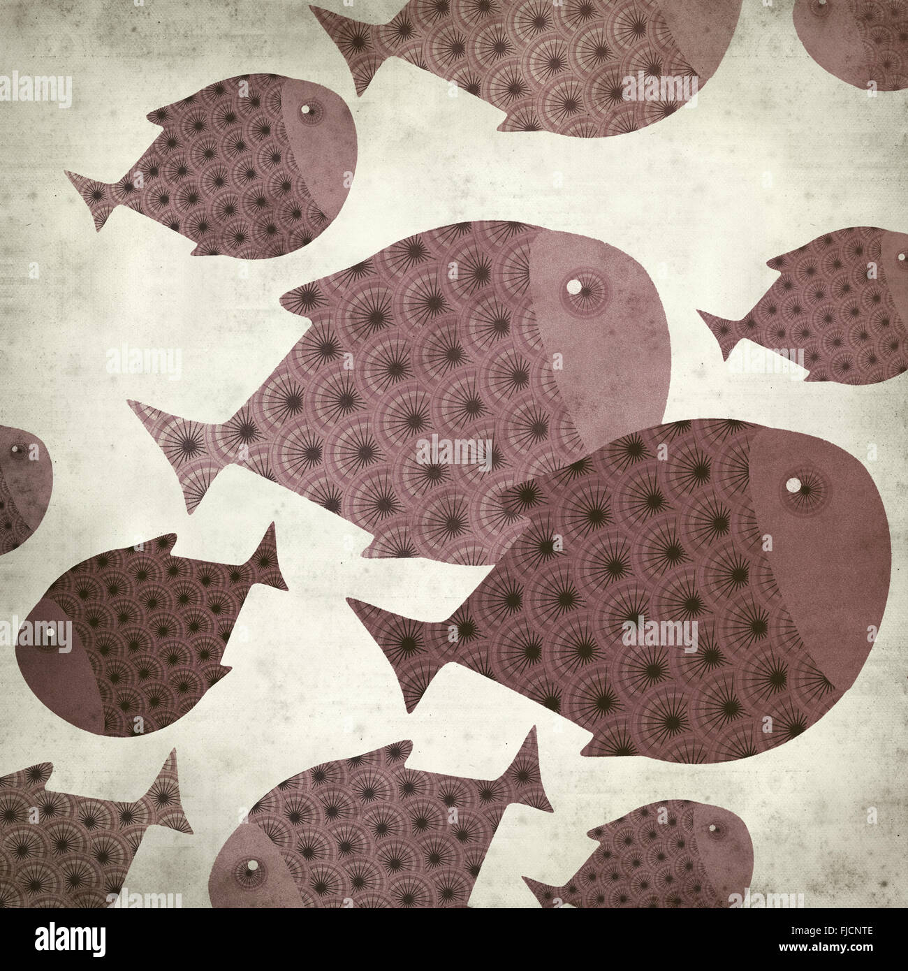textured old paper background with swimming fish illustration Stock ...