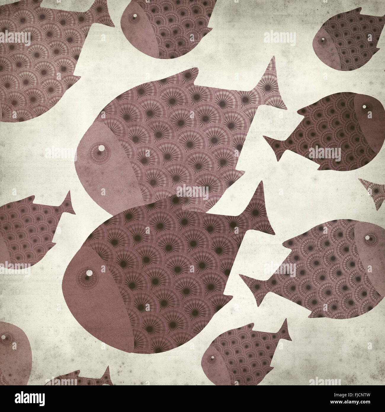 textured old paper background with swimming fish illustration Stock ...