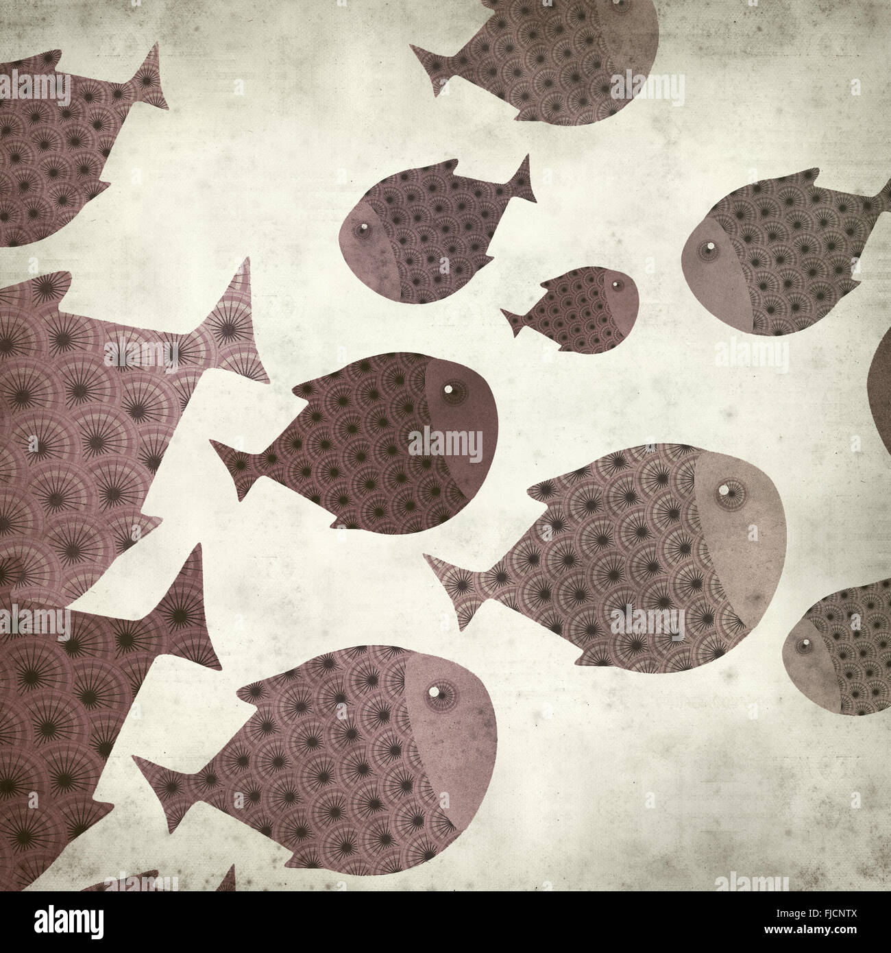 textured old paper background with swimming fish illustration Stock ...