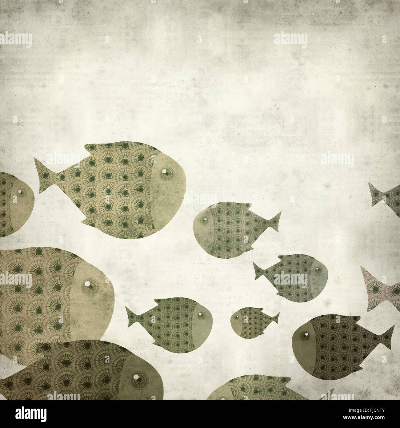 textured old paper background with swimming fish illustration Stock ...