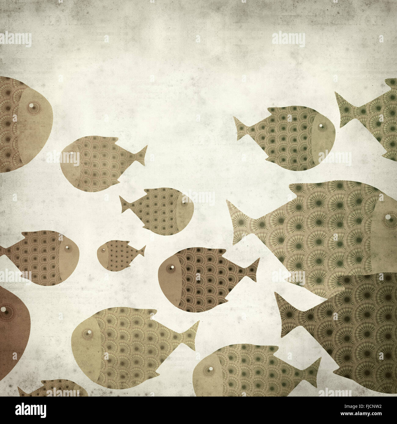 textured old paper background with swimming fish illustration Stock ...