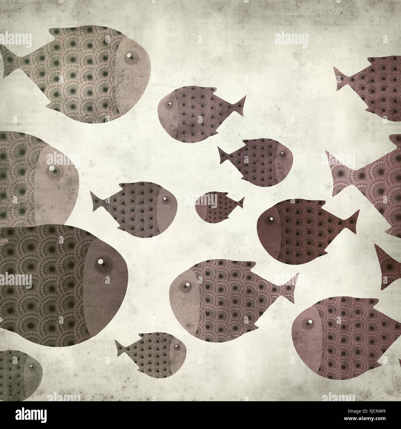 textured old paper background with swimming fish illustration Stock ...