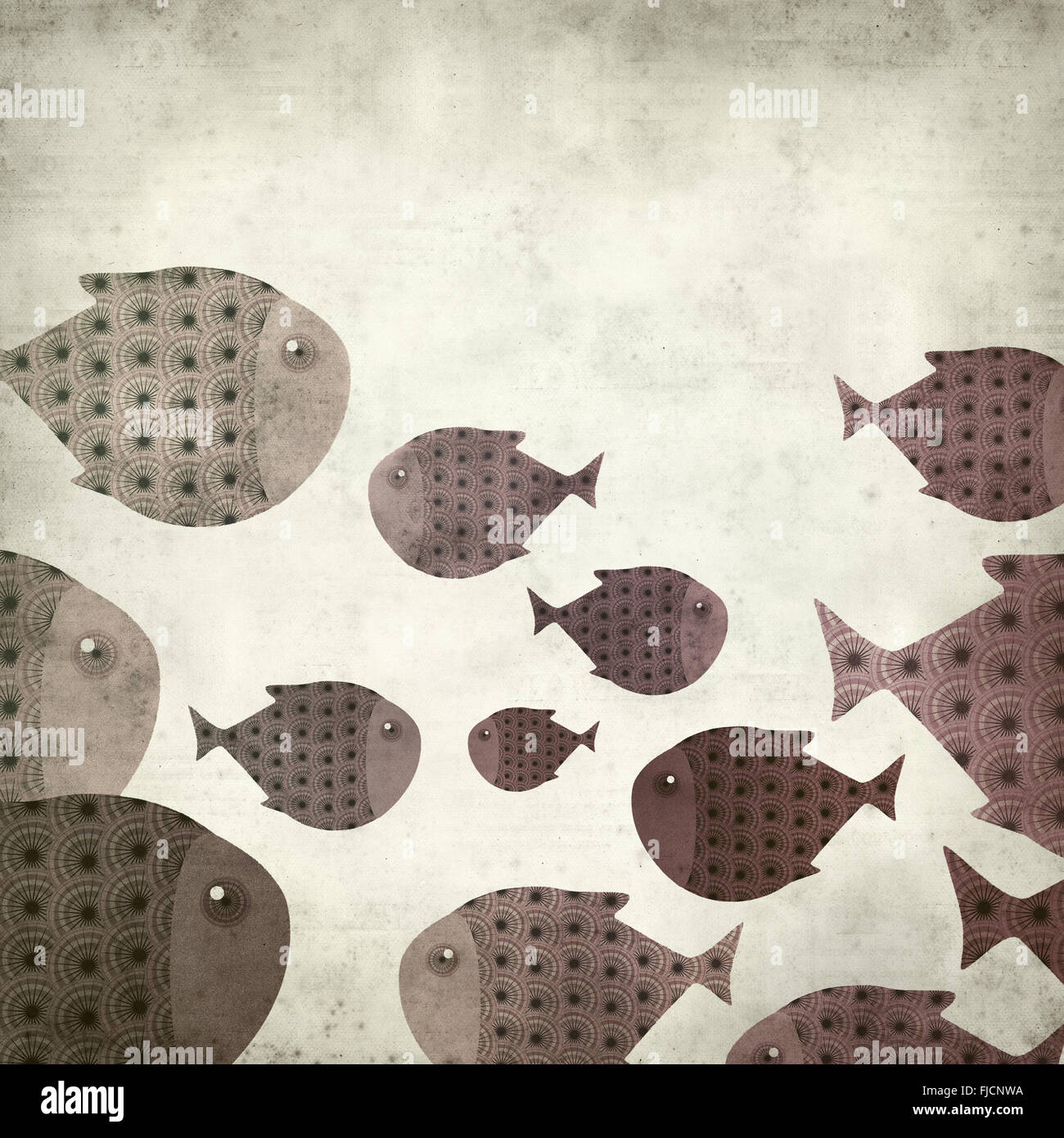 textured old paper background with swimming fish illustration Stock ...