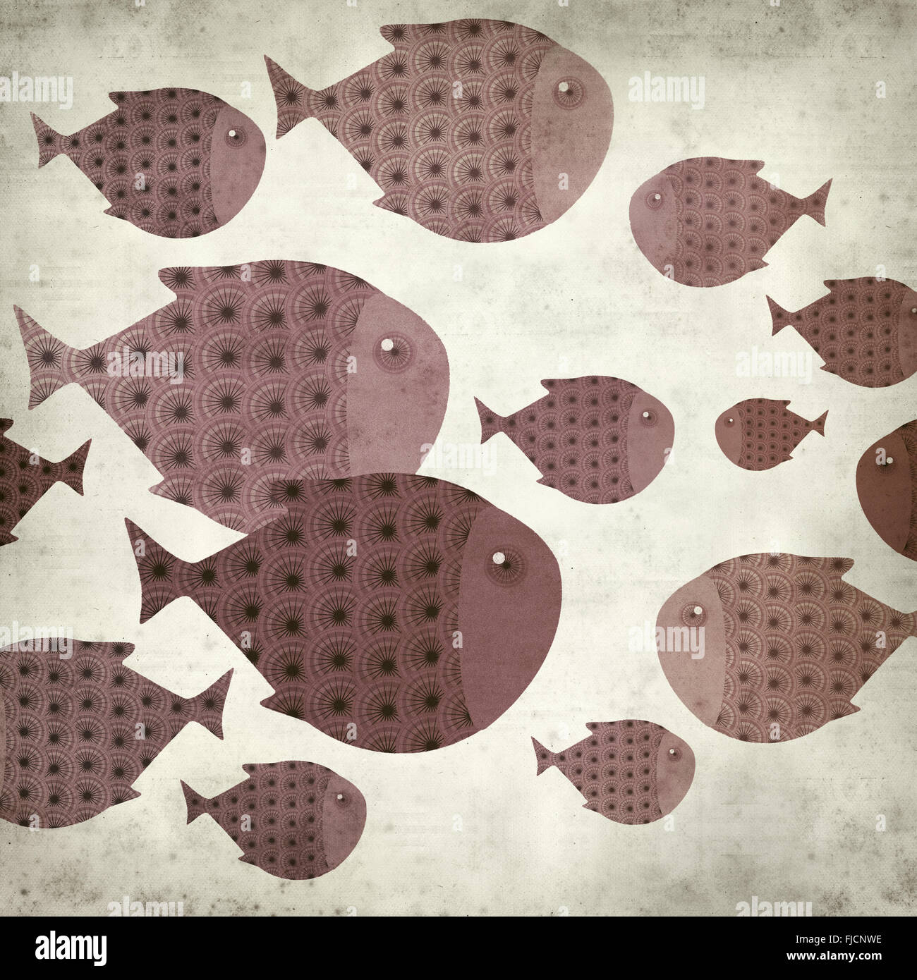 textured old paper background with swimming fish illustration Stock ...