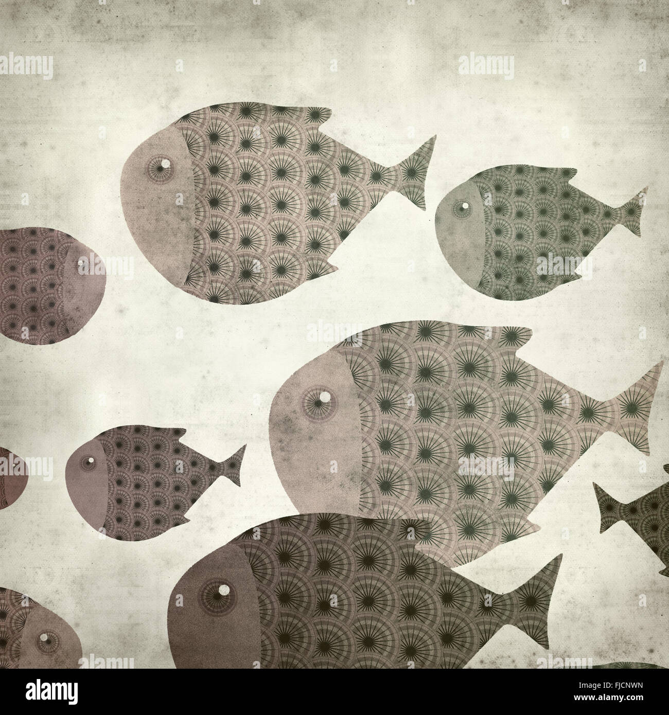 textured old paper background with swimming fish illustration Stock ...