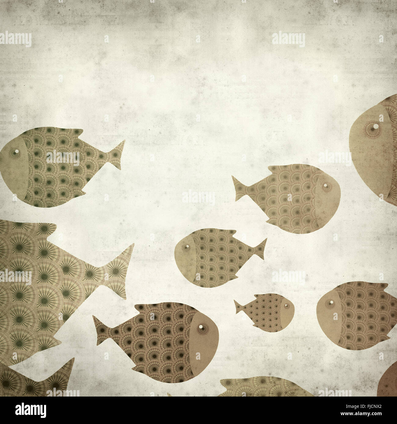 textured old paper background with swimming fish illustration Stock ...
