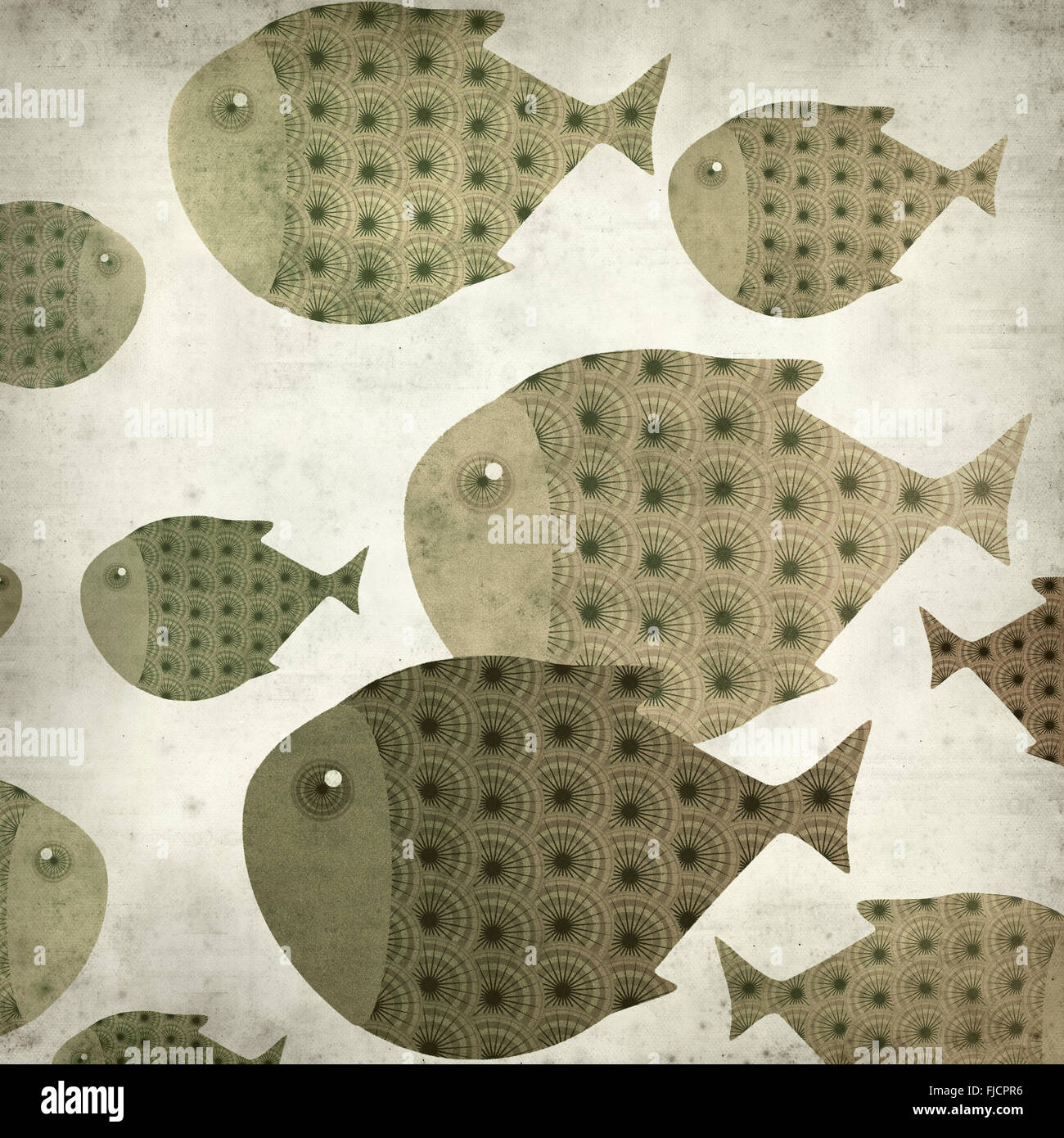 textured old paper background with swimming fish illustration Stock ...