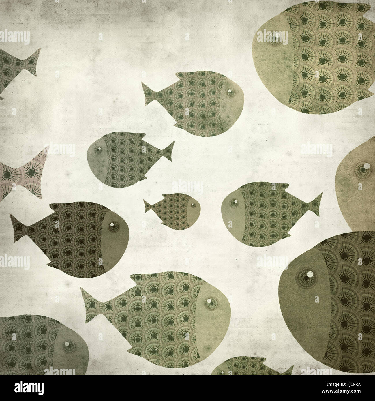 textured old paper background with swimming fish illustration Stock ...