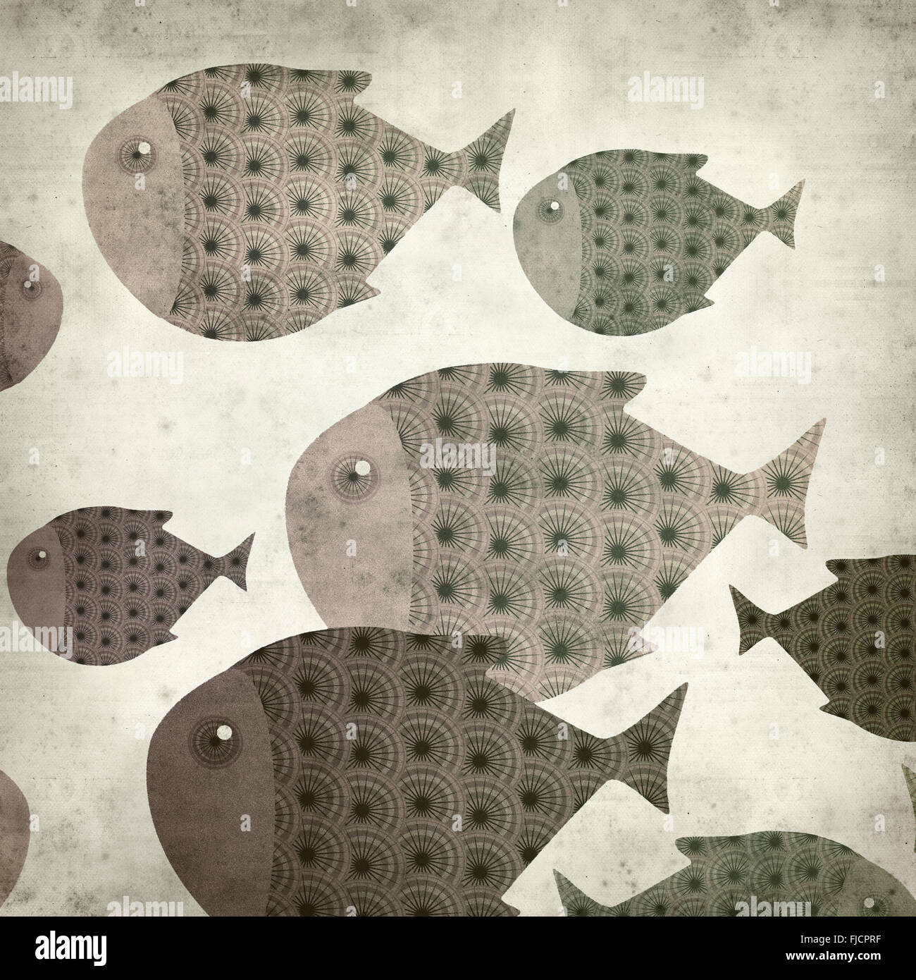textured old paper background with swimming fish illustration Stock ...