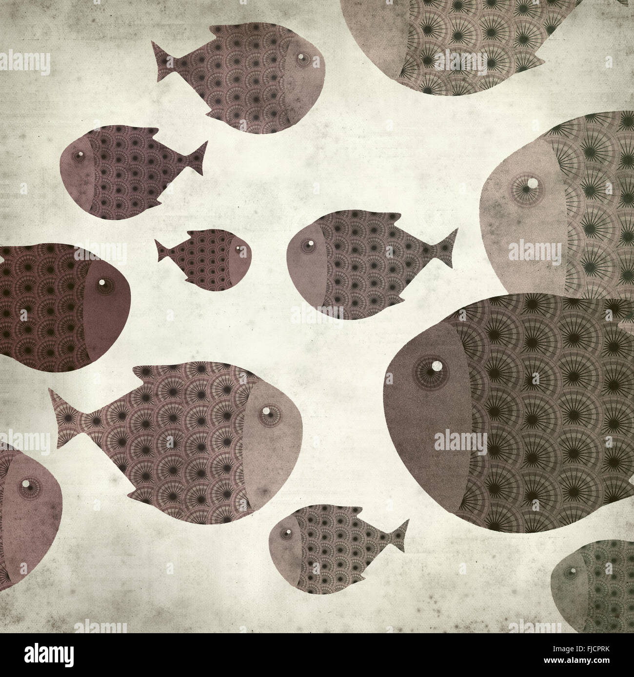 textured old paper background with swimming fish illustration Stock ...