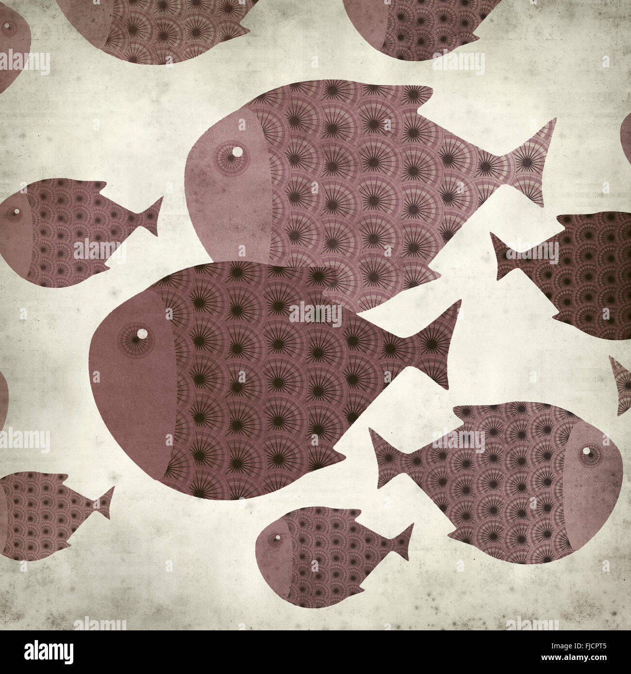 textured old paper background with swimming fish illustration Stock ...
