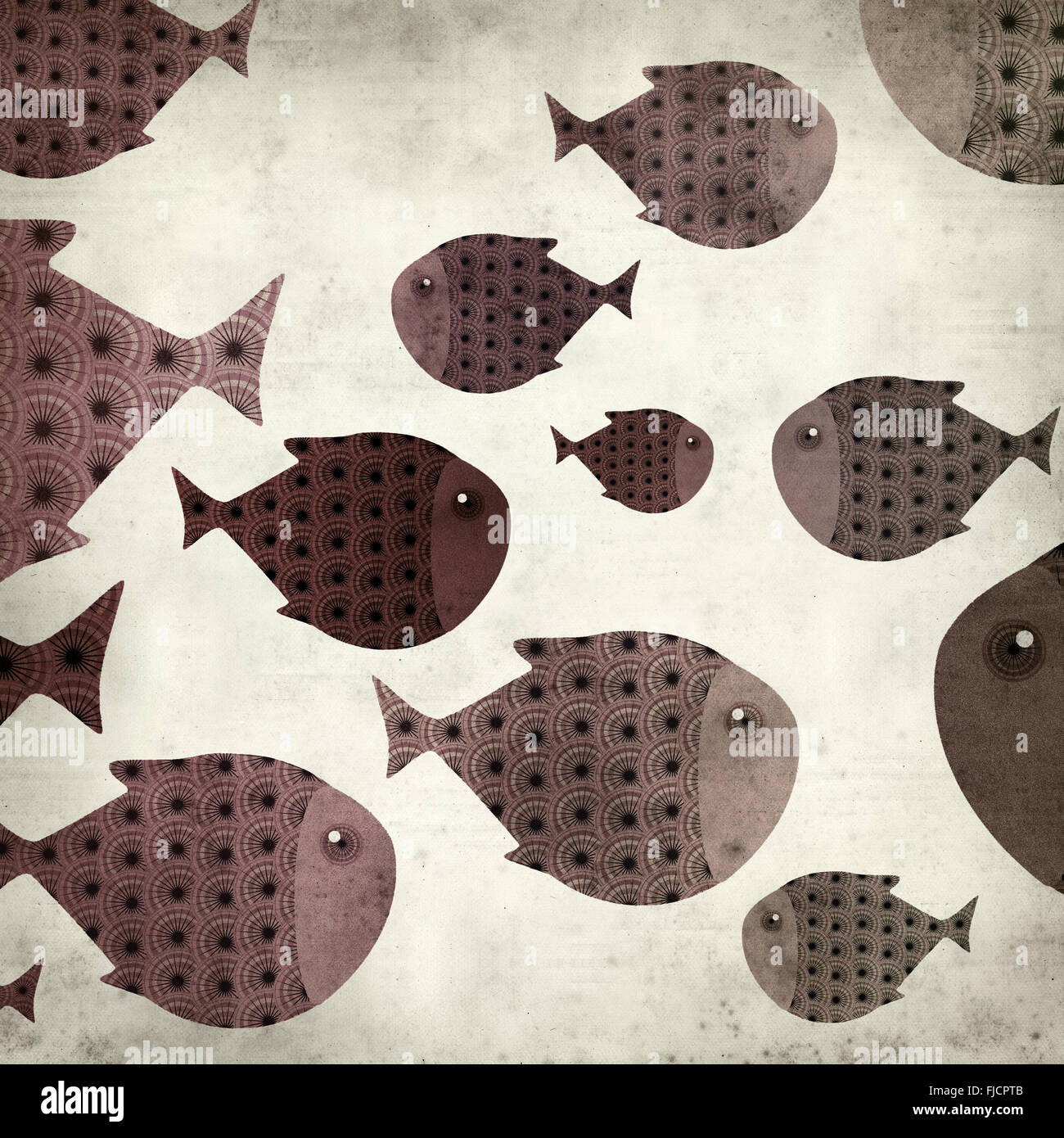 textured old paper background with swimming fish illustration Stock ...