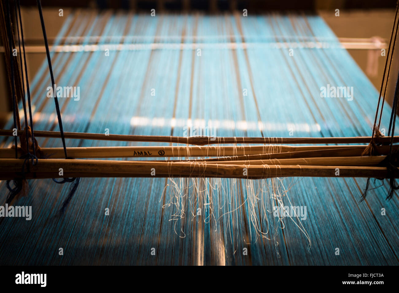 Stretched Blue strings background texture. Photographed at a weaving ...
