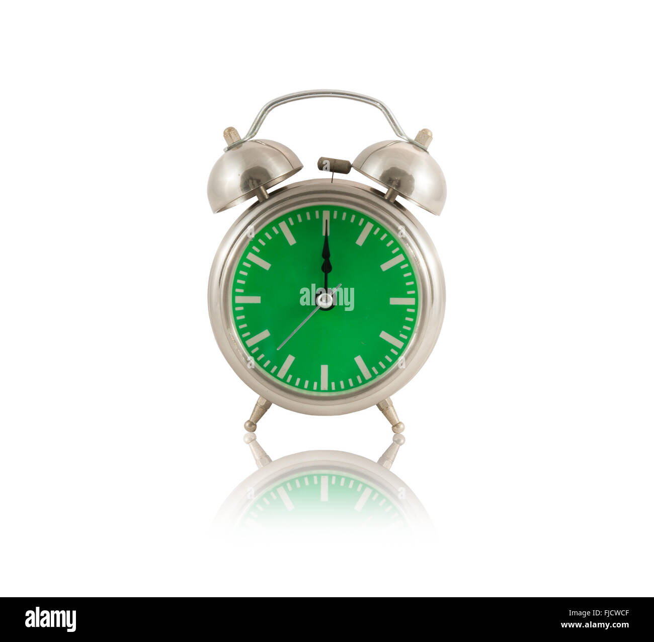 old analog clock with green face on white background Stock Photo - Alamy