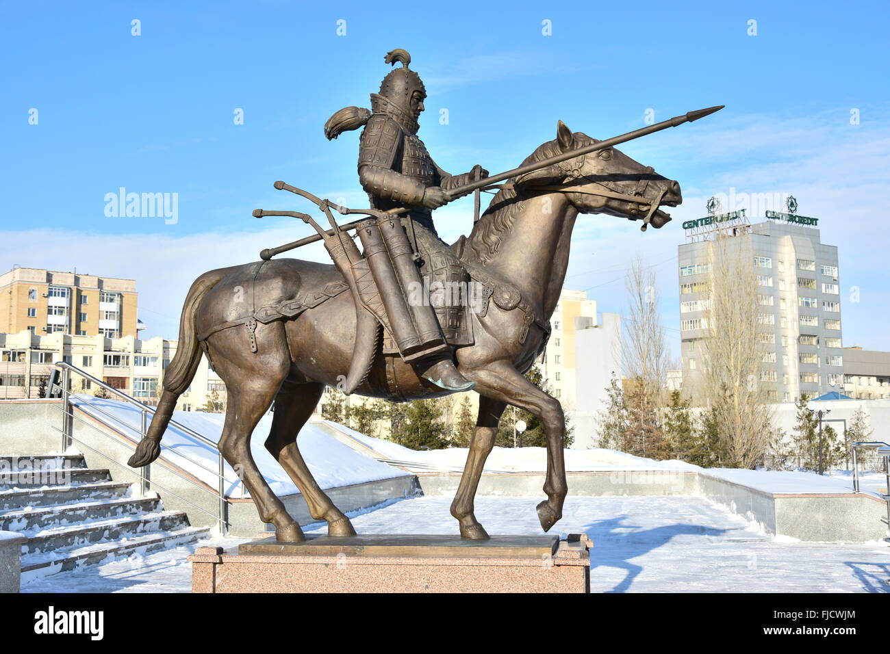 Statue featuring a historical Kazakh warrior, in the street of Astana ...