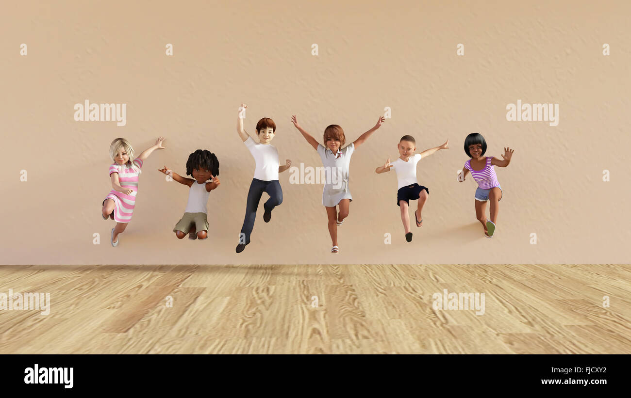 Kids Jumping Playing Inside the House Illustration Stock Photo - Alamy