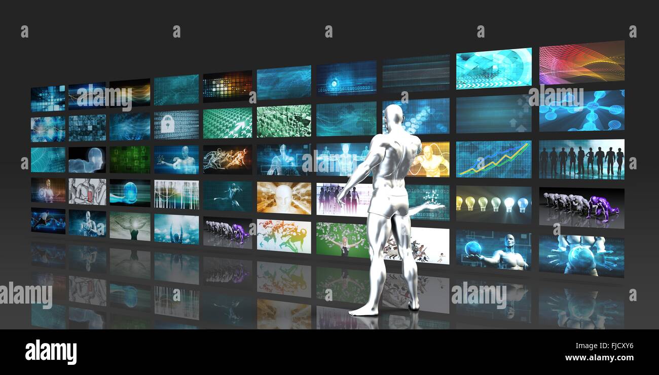 Man Looking into Video Wall Screens in 3d Stock Photo - Alamy