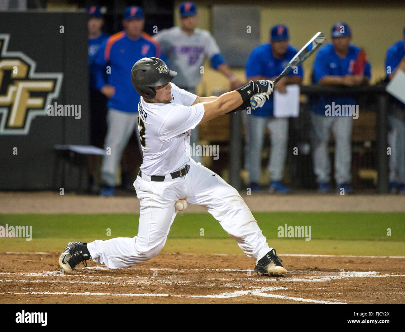 Orlando, FL, USA. 1st Mar, 2016. UCF catcher Logan Heiser (23) foul ...