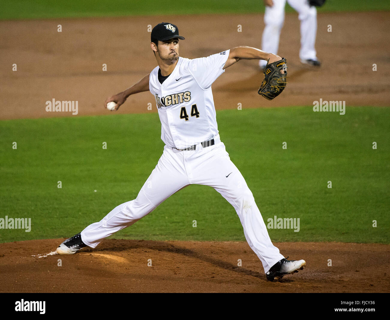 Orlando, FL, USA. 1st Mar, 2016. Starting UCF pitcher Andrew Deramo (44 ...
