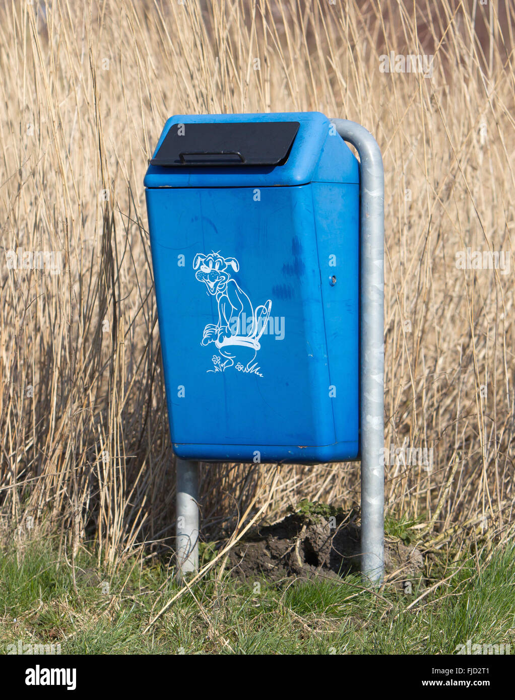 Close up of bright blue dog mess poop bin with Label Stock Photo - Alamy