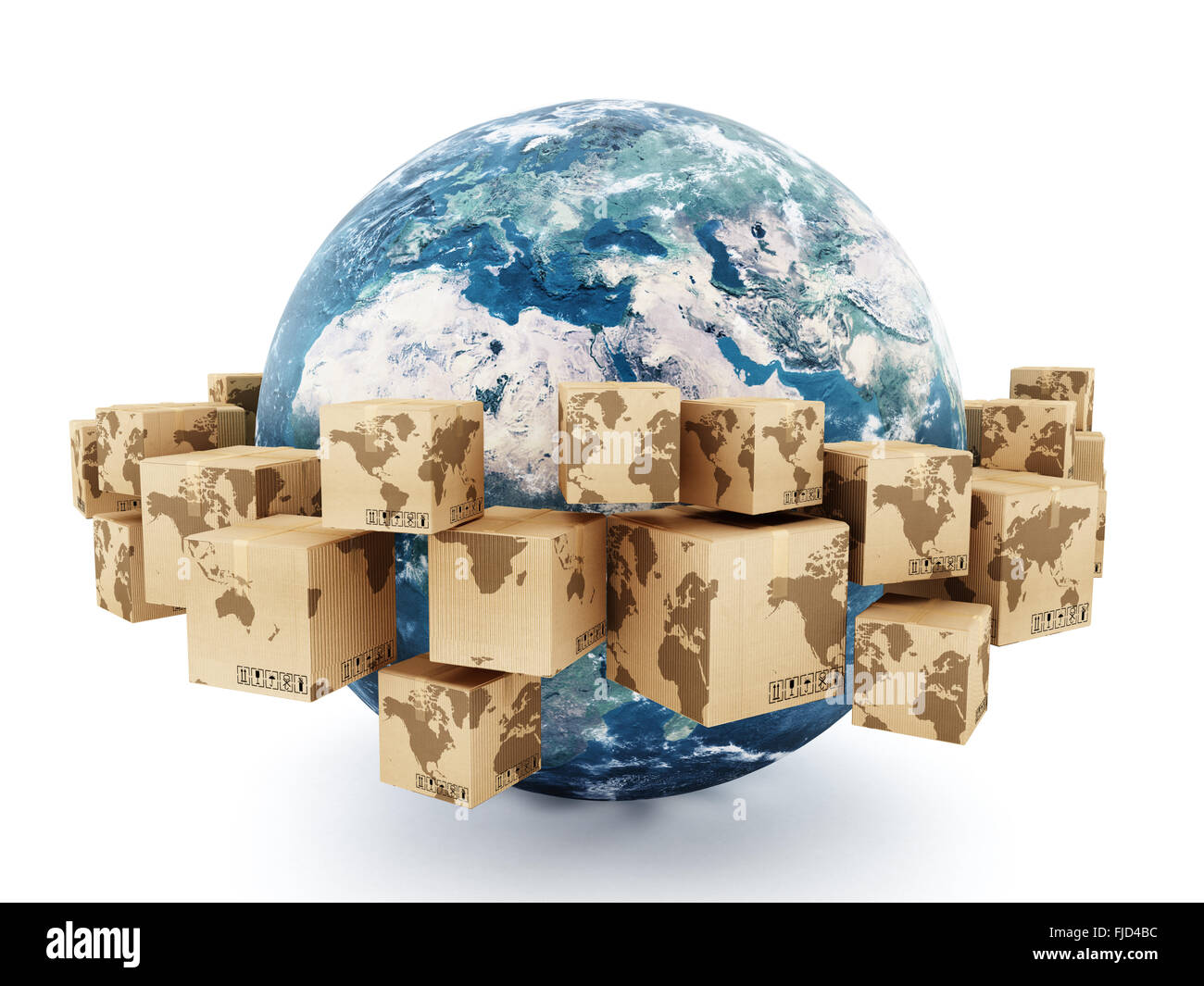 Cardboard boxes with earth map parts turning around the earth Stock ...