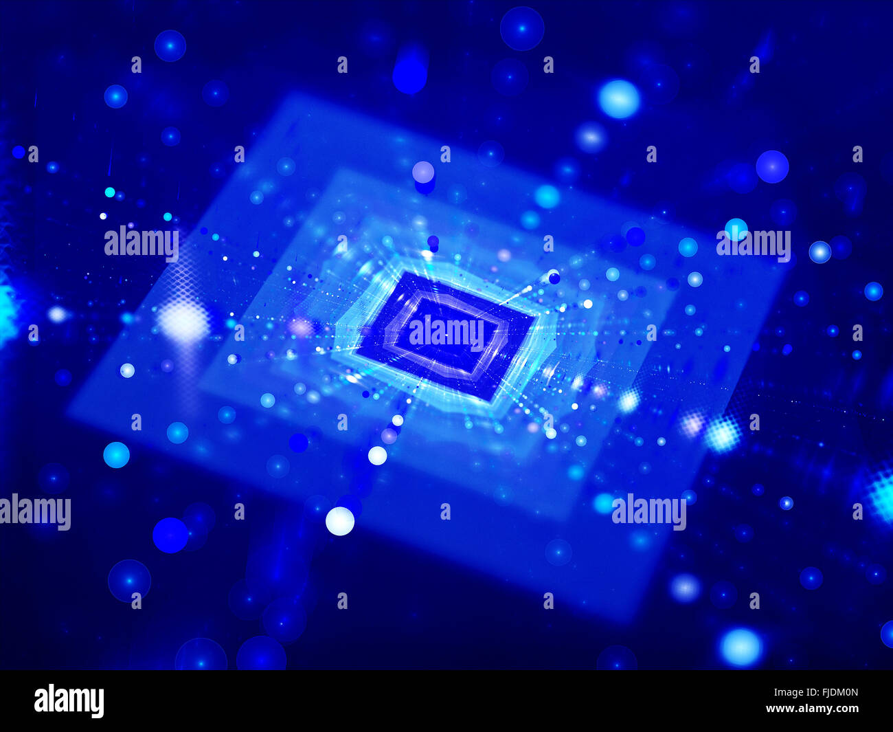 Blue glowing squares in cyberspace with particles, computer generated ...