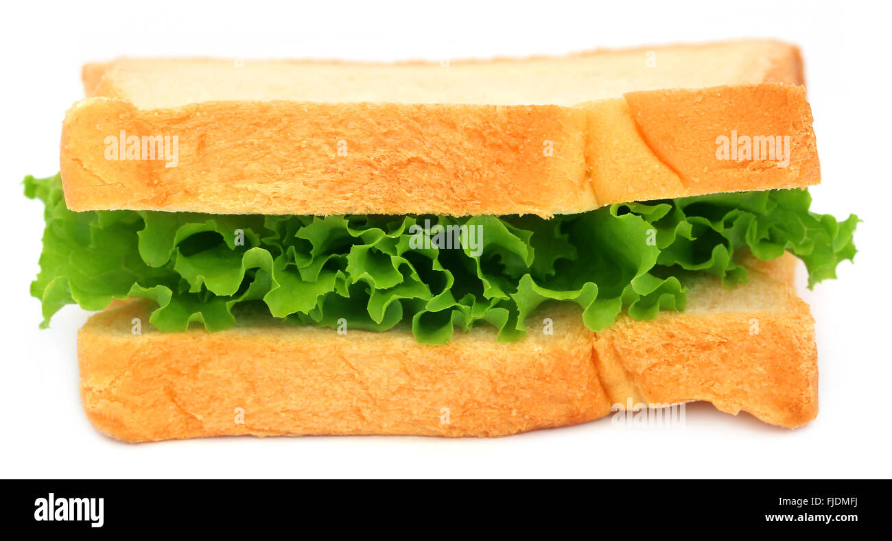 Bread slices with green lettuce inside over white background Stock ...