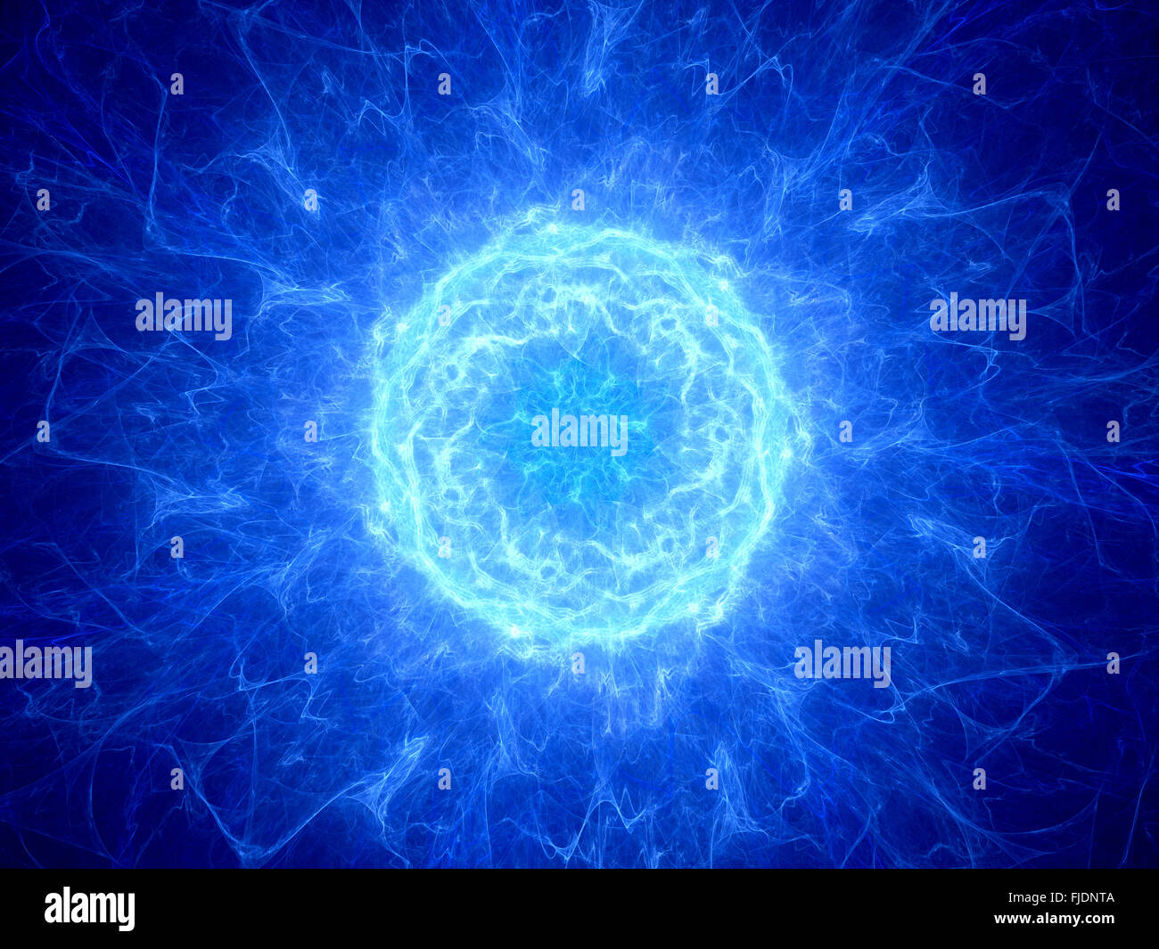 Blue glowing plasma torus in space, high voltage, computer generated ...