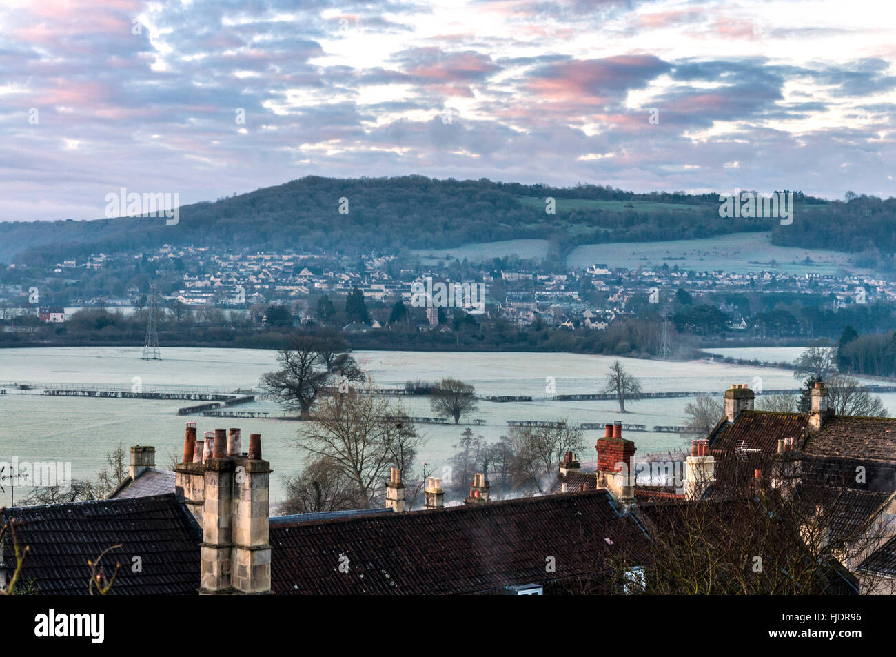 Frosty winter view over Bathampton water meadows shot from Batheaston ...