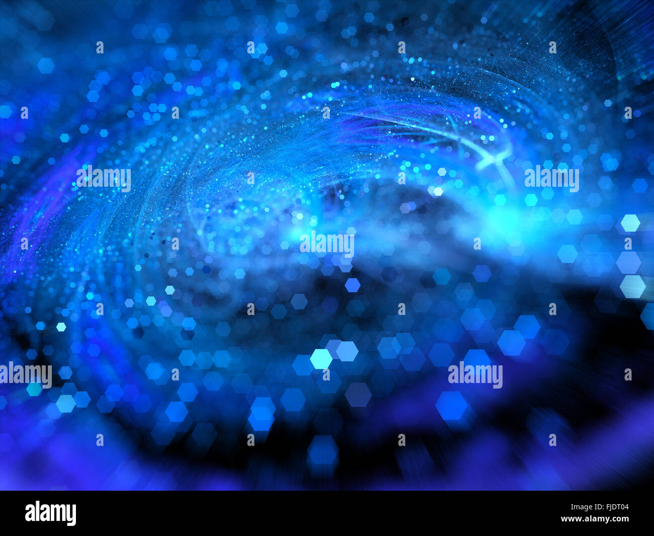 Blue glowing space background with particles in out of focus bokeh, computer generated abstract ...