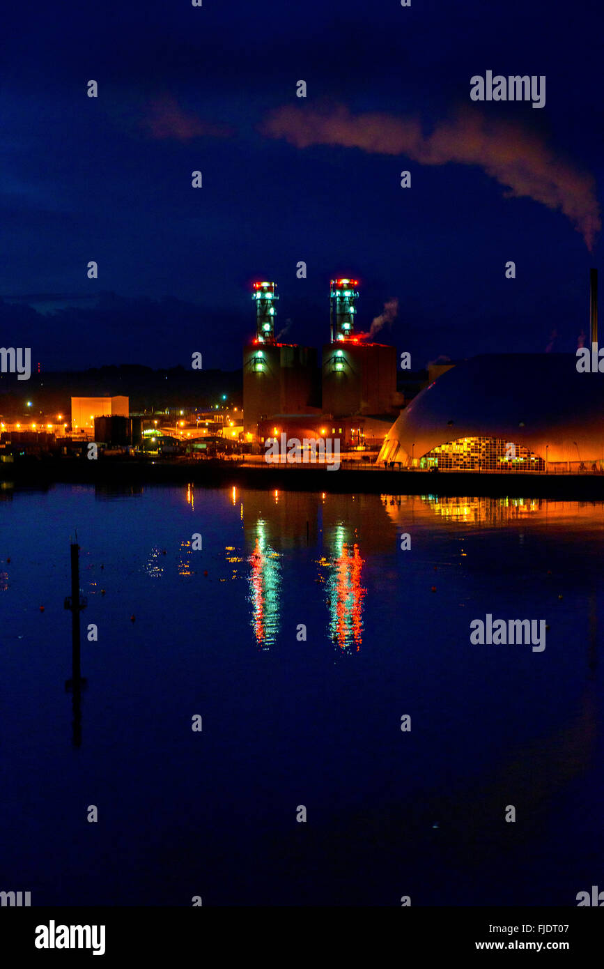 Southampton docks at night with reflections on Southampton Water Stock ...