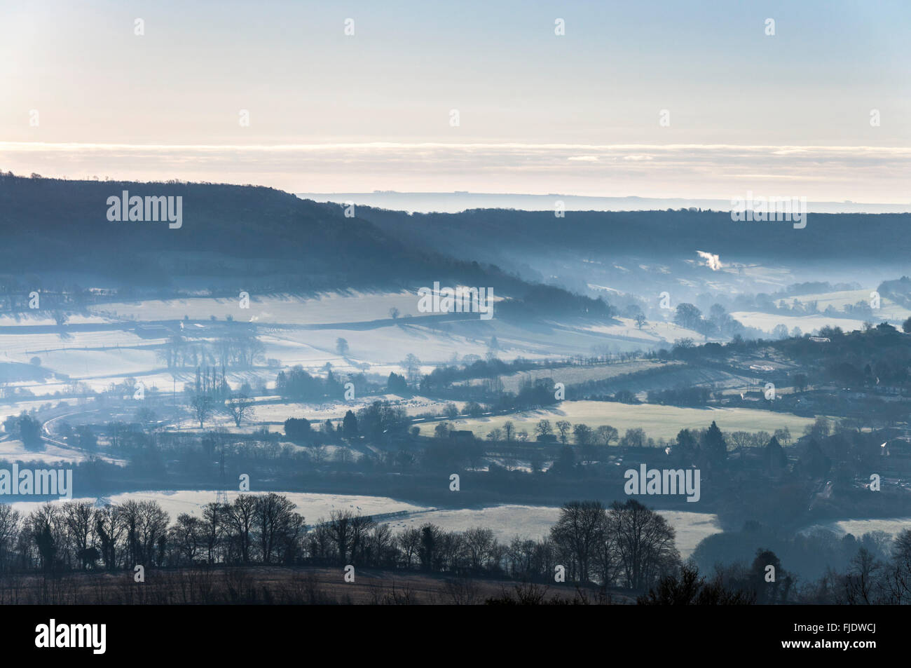 Farmland in the evening with mist and light hi-res stock photography ...