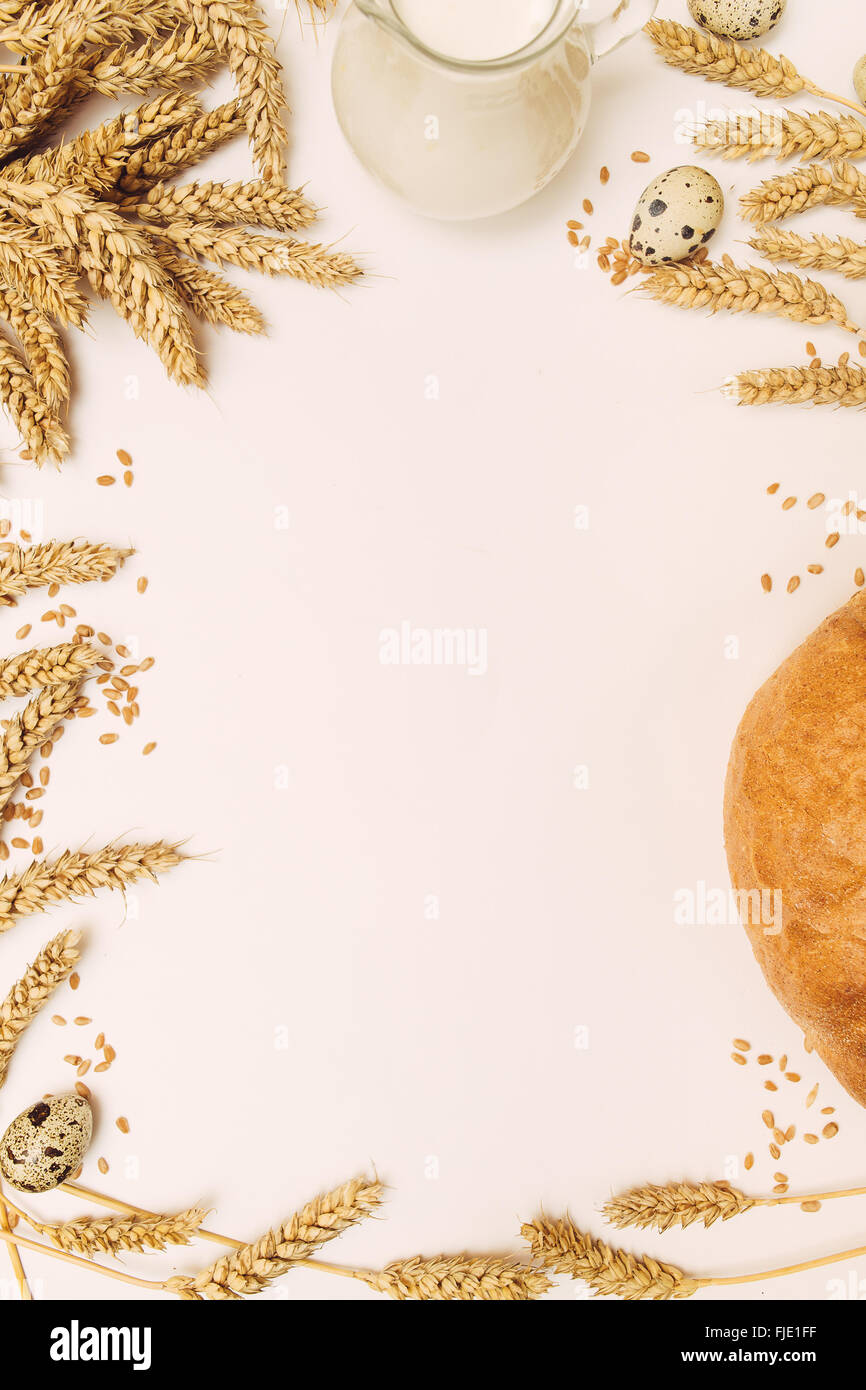 Milk, wheat grain and bread on white background Stock Photo - Alamy