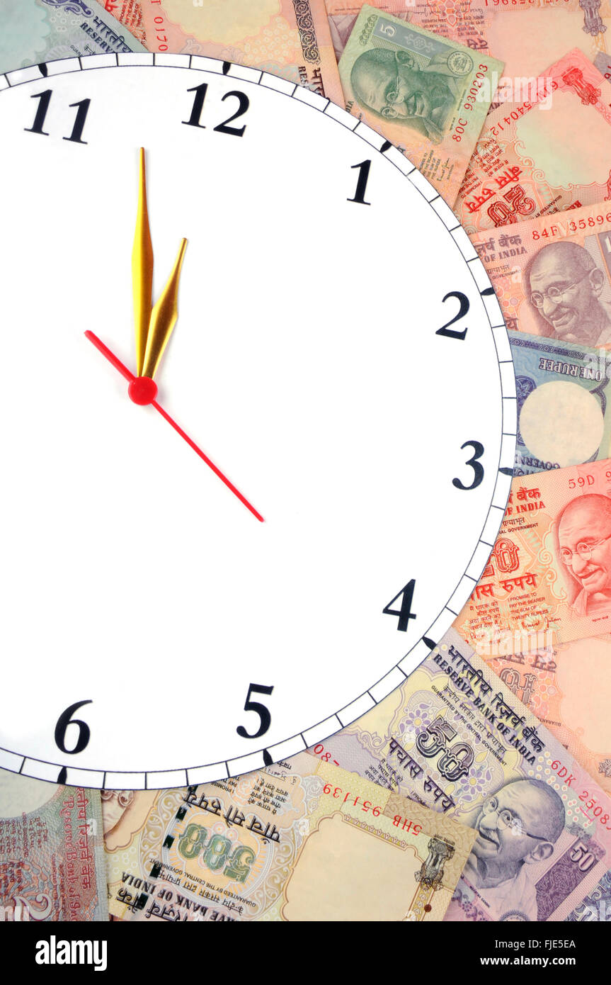 "Time is money" concept - clock and Indian rupee Stock Photo - Alamy