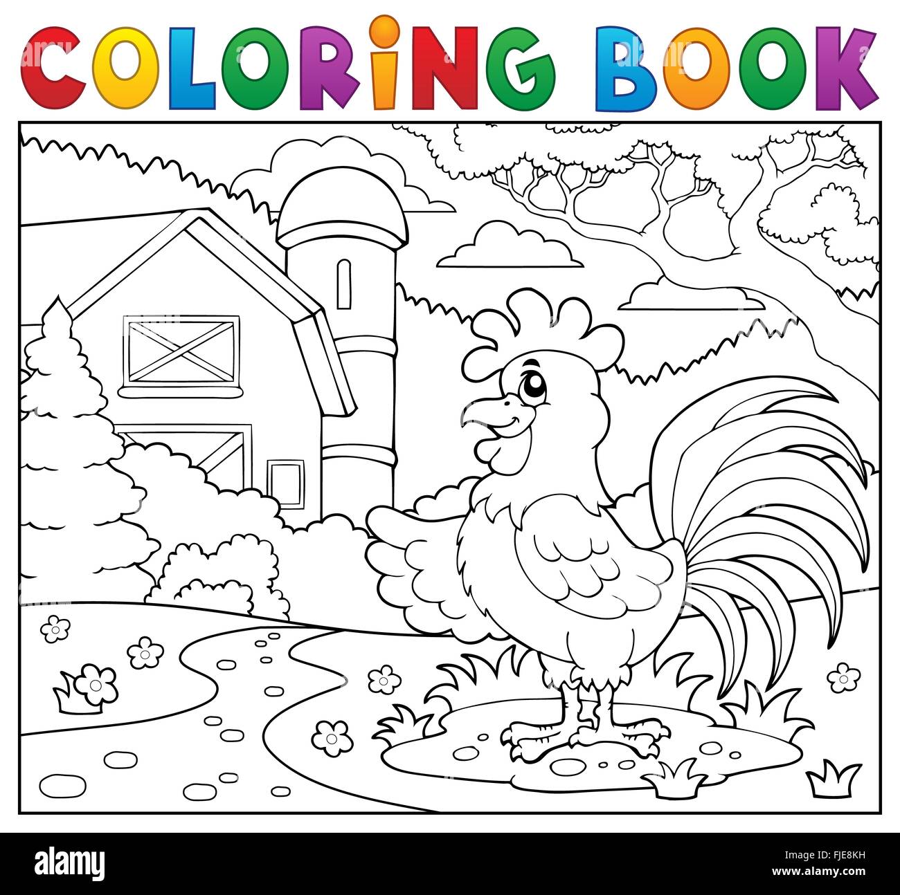 Coloring book rooster near farm - picture illustration Stock Photo - Alamy