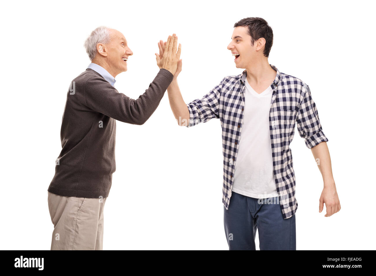 Father and son high-five each other isolated on white background Stock ...