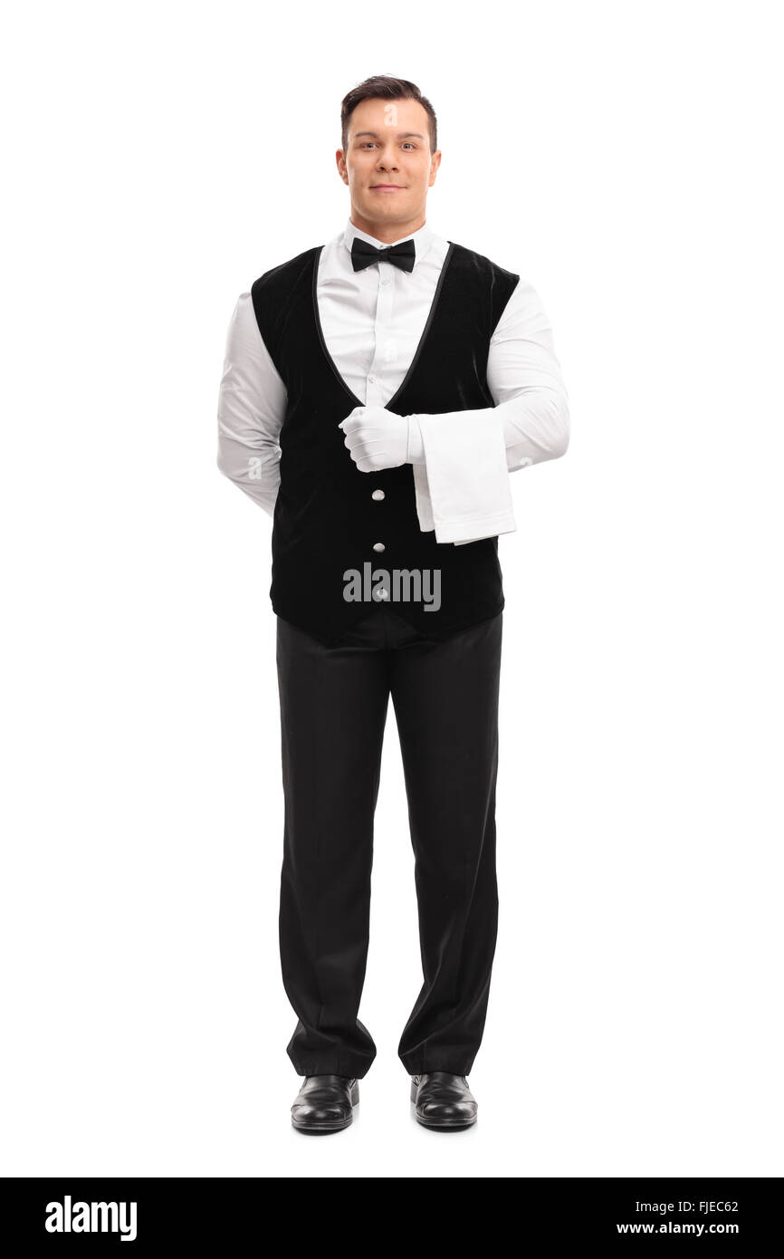 Full length portrait of a young male waiter holding a white towel ...