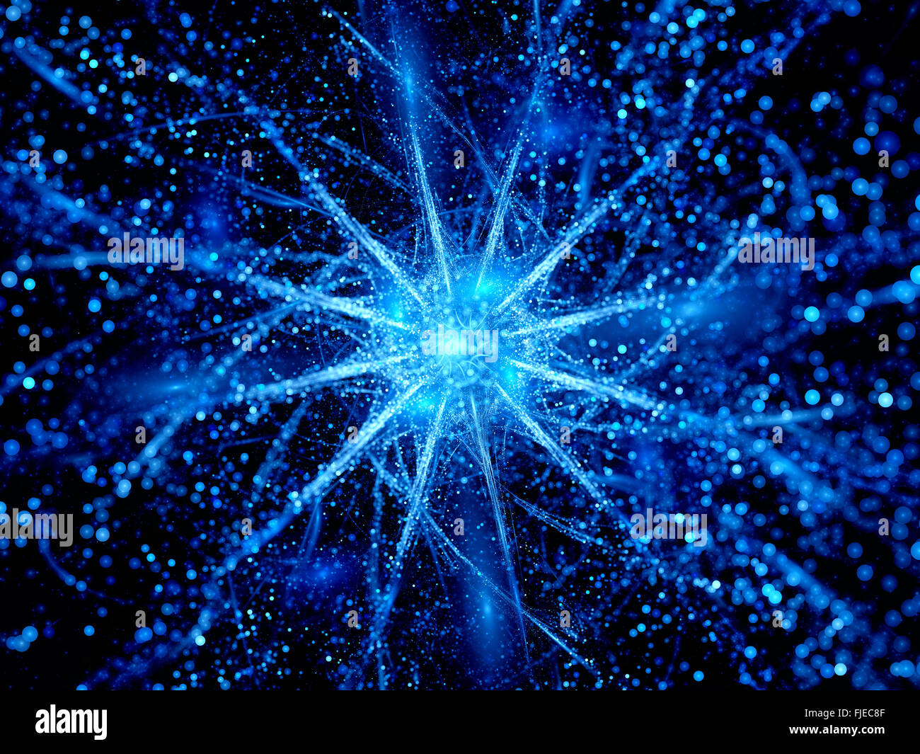 Blue energy ball with rays in space with particles, computer generated ...
