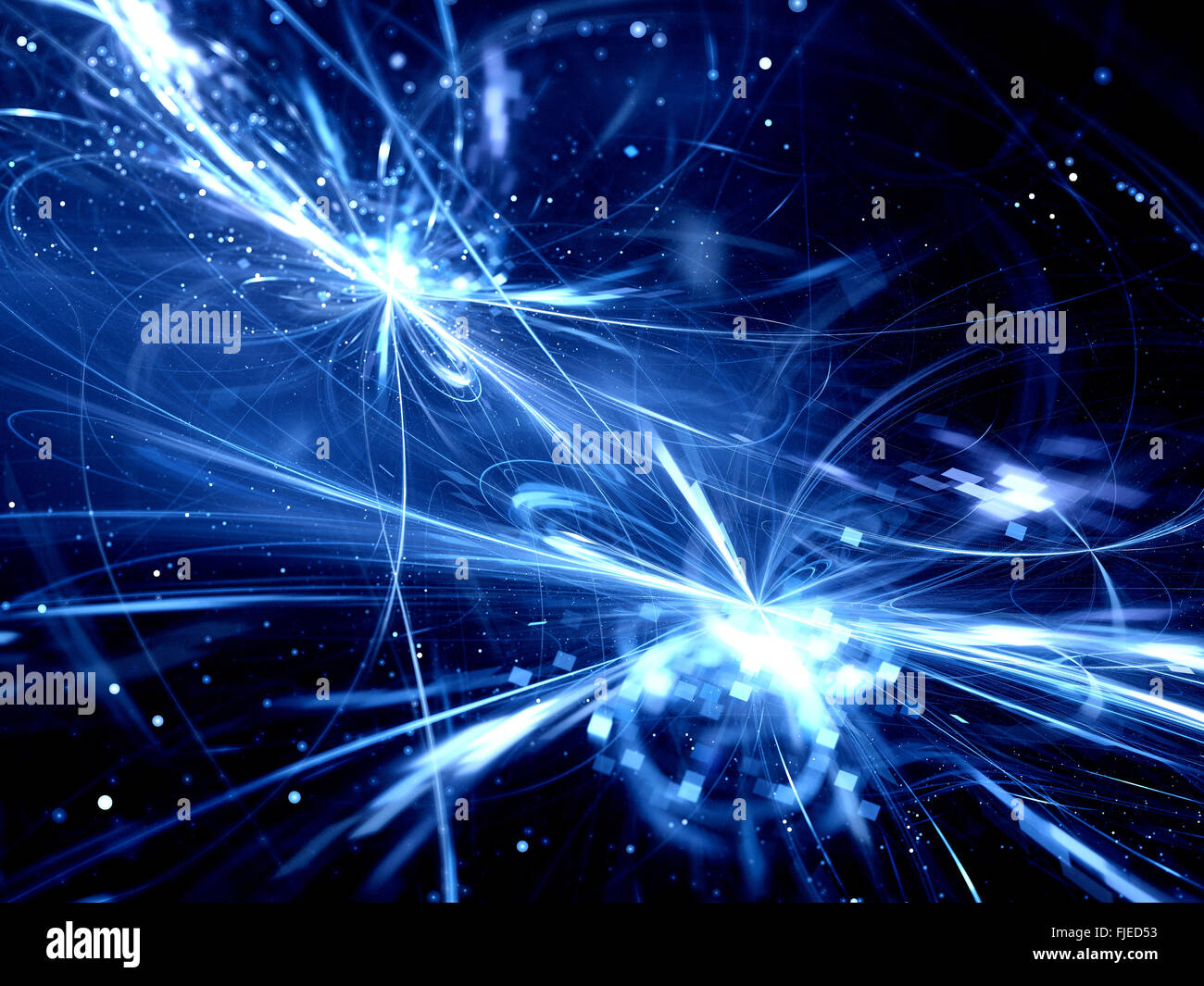 Blue glowing exploding technology curves in space, computer generated ...