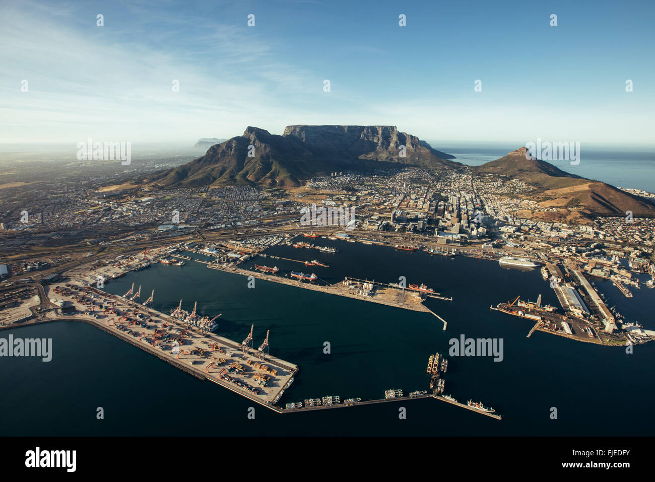 Aerial view of entrance of the port of cape town. Commercial docks of ...