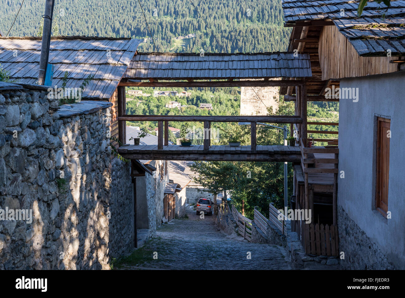 paved road in Mestia town, Samegrelo-Zemo Svaneti region in Georgia ...